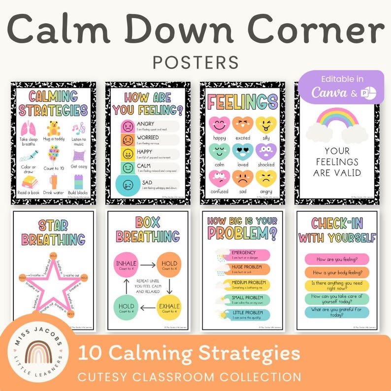 Cutesy Calm Down Corner Posters, Calm Down Kit, Printable Social ...