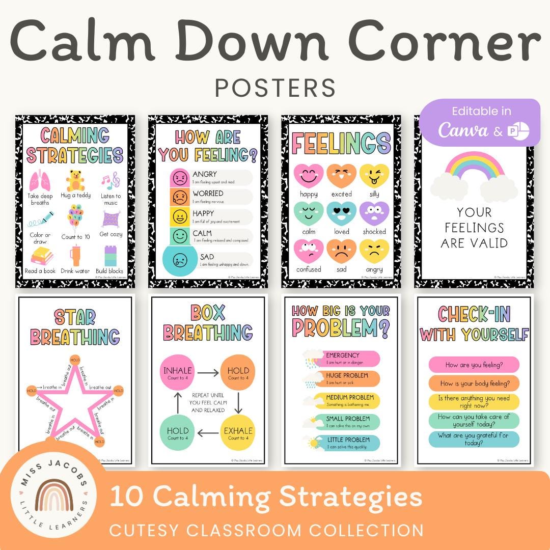 Cutesy Calm Down Corner Posters, Calm Down Kit, Printable Social ...