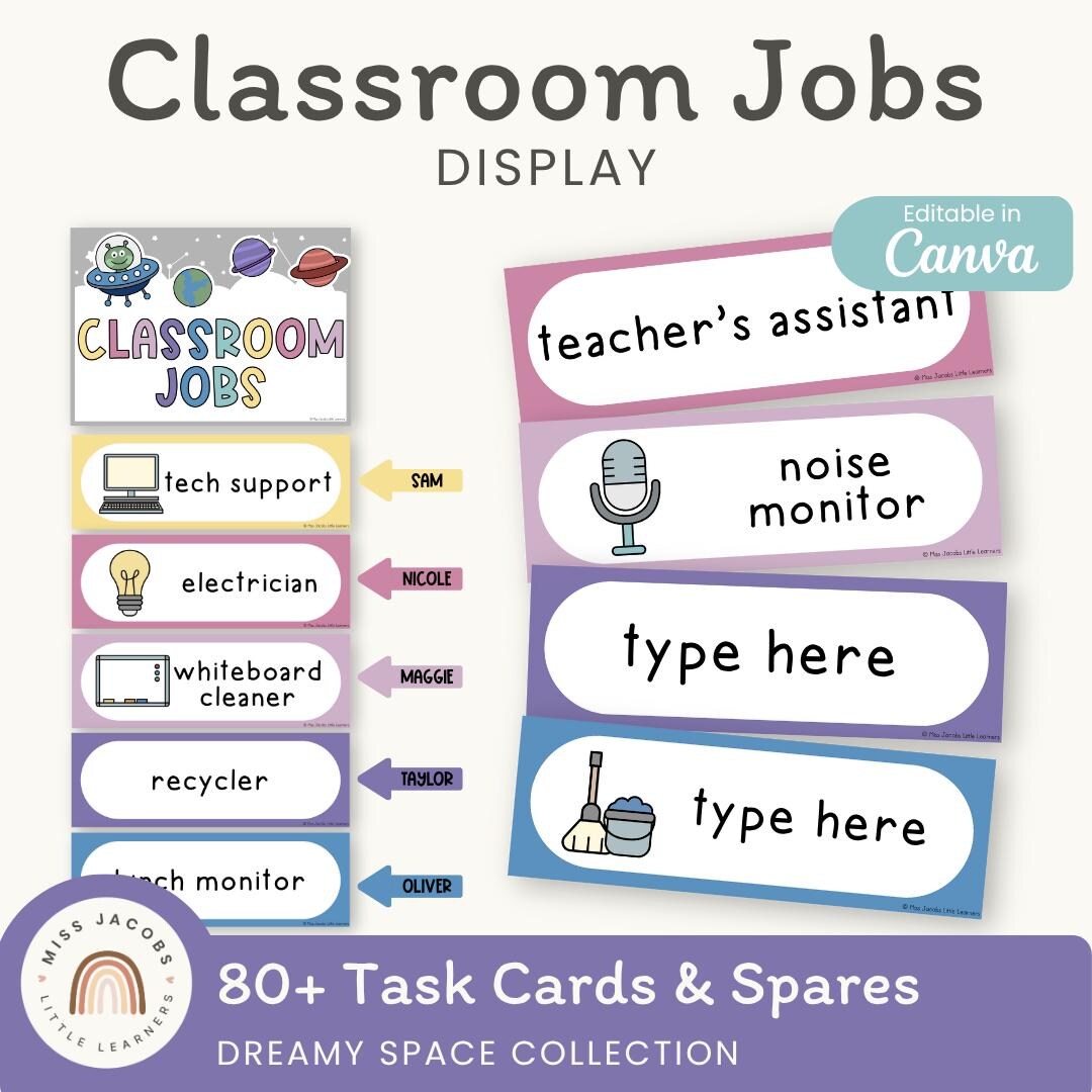 Classroom Job Chart: Dreamy Space Theme Student Helper Jobs List ...