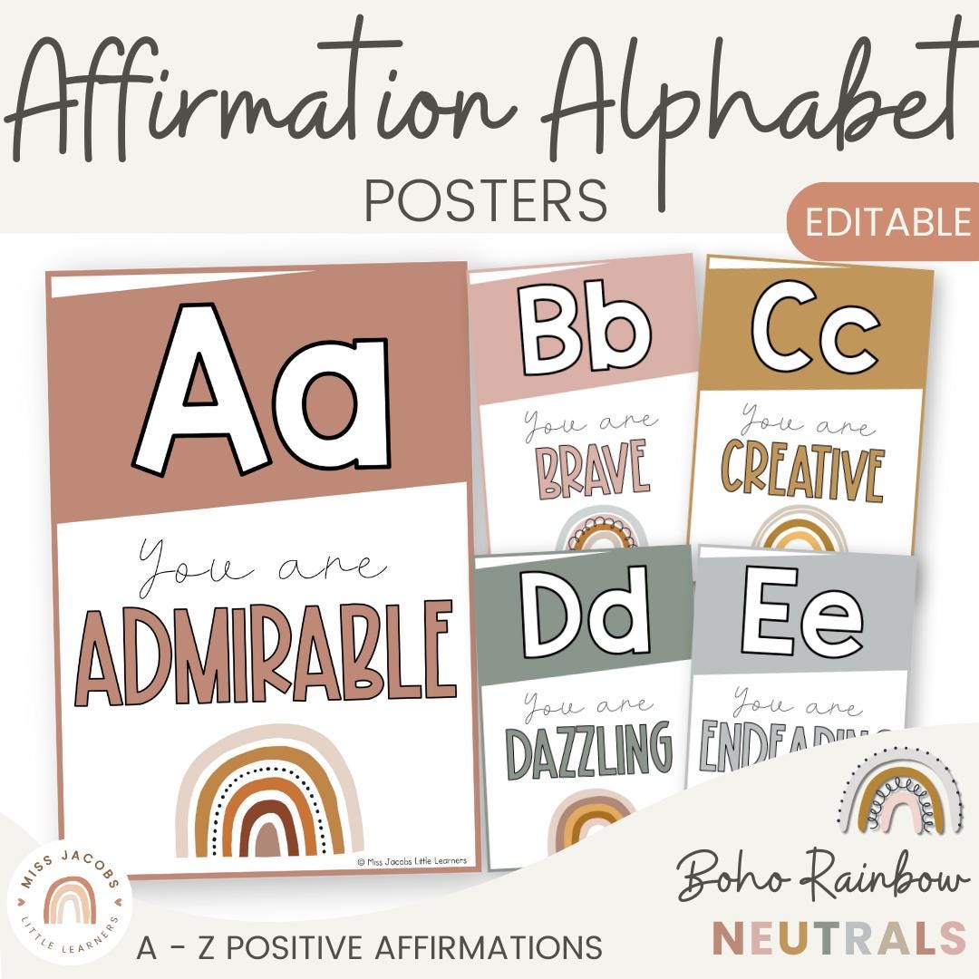 Affirmation Alphabet Poster Boho Rainbow, Positive Affirmation ABC ...