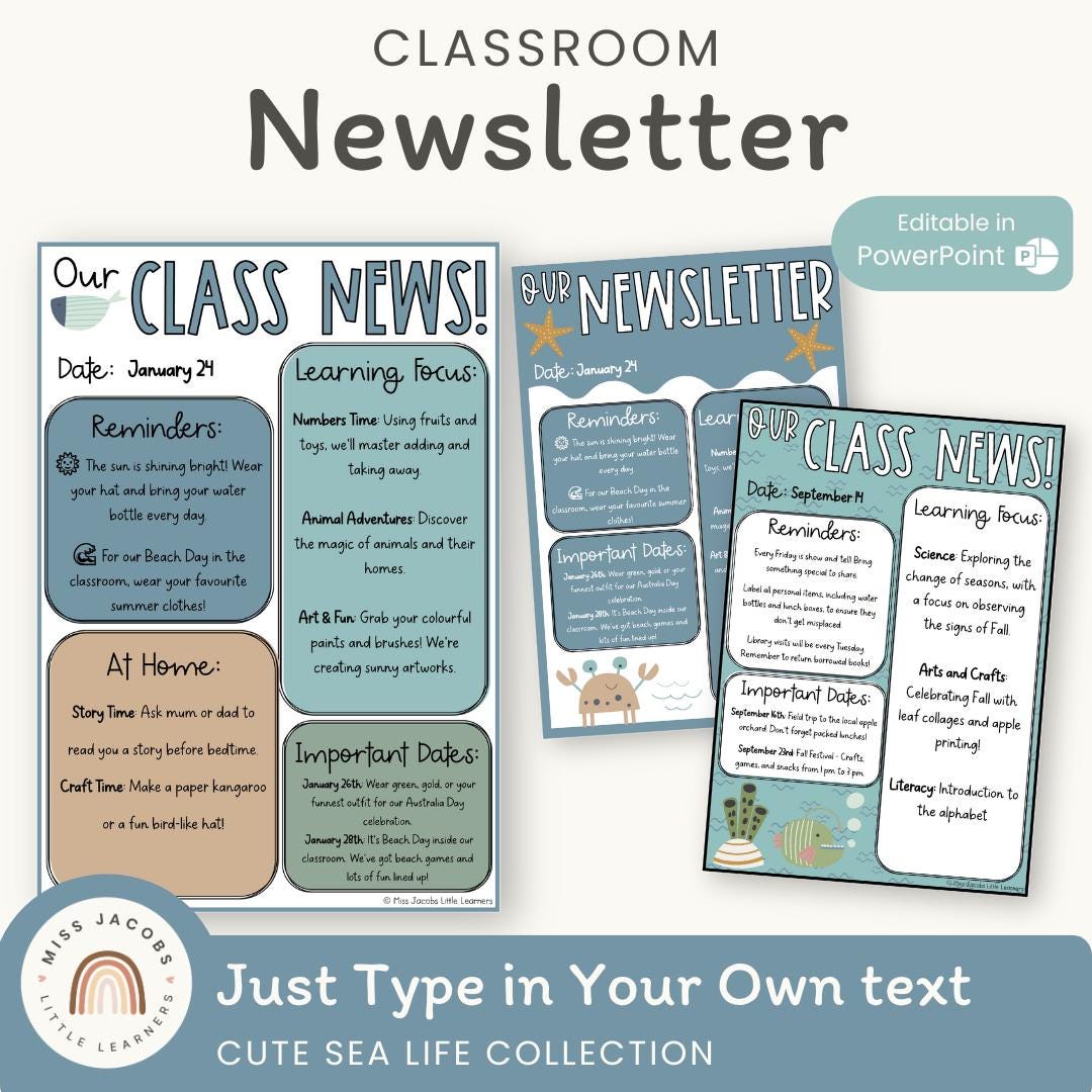 Editable Classroom Newsletter Templates | Cute Sea Life Classroom Decor ...
