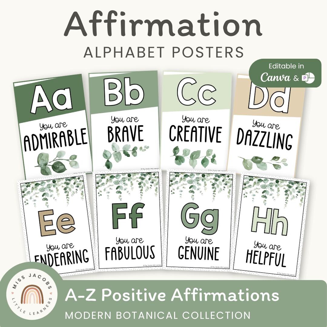 Botanical Affirmation Alphabet Posters, Editable Eucalyptus Alphabet ...