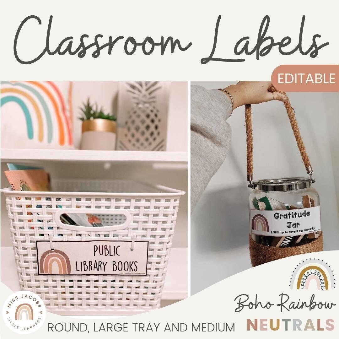 BOHO RAINBOW Classroom Labels Bundle Editable Neutral Rainbow Classroom ...