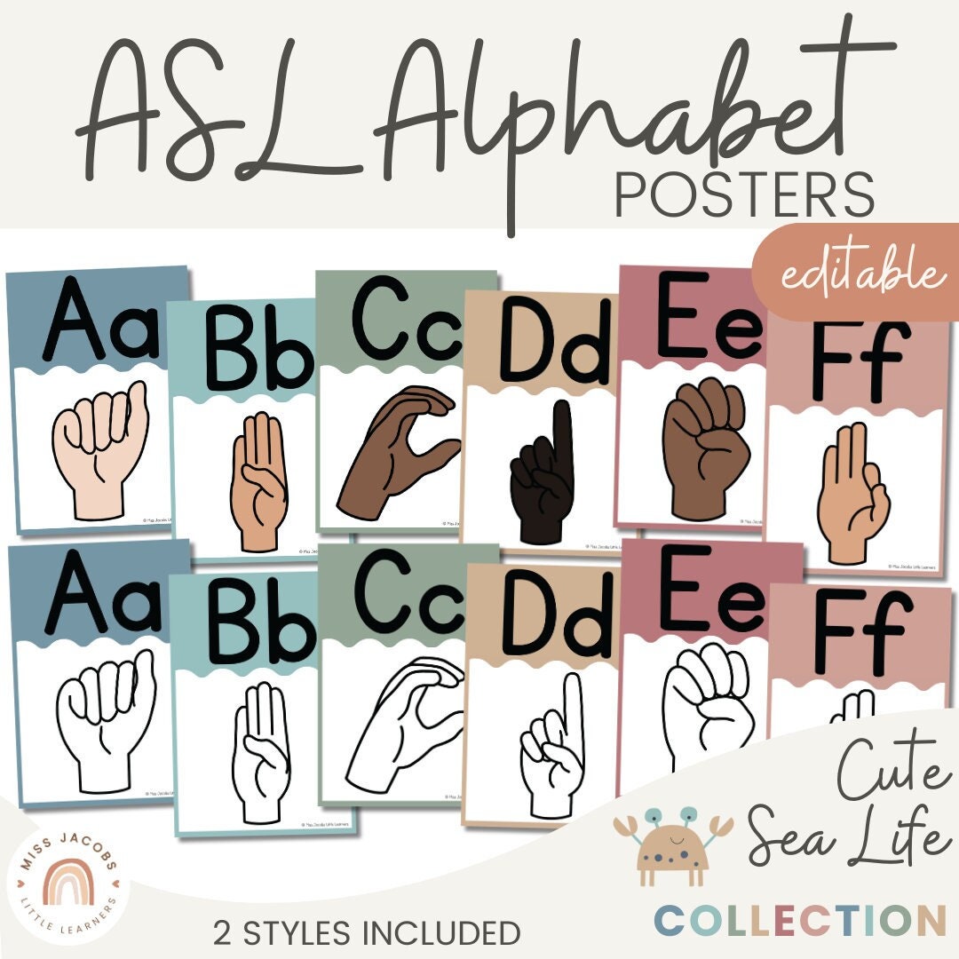 ASL Alphabet Posters, Cute Sea Life Classroom Theme, Printable American ...