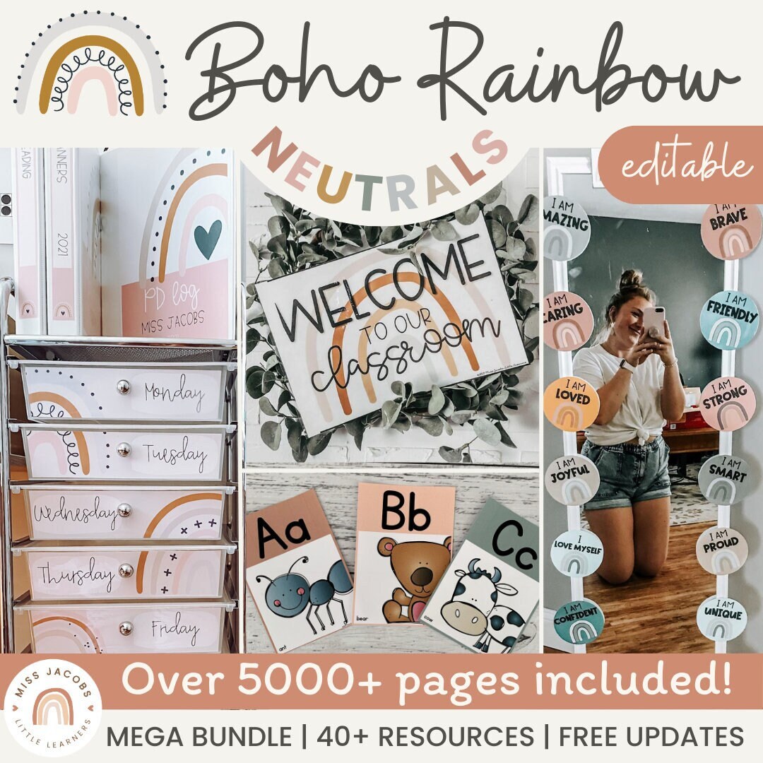 BOHO RAINBOW Classroom Decor Bundle Editable Neutral Rainbow Classroom ...