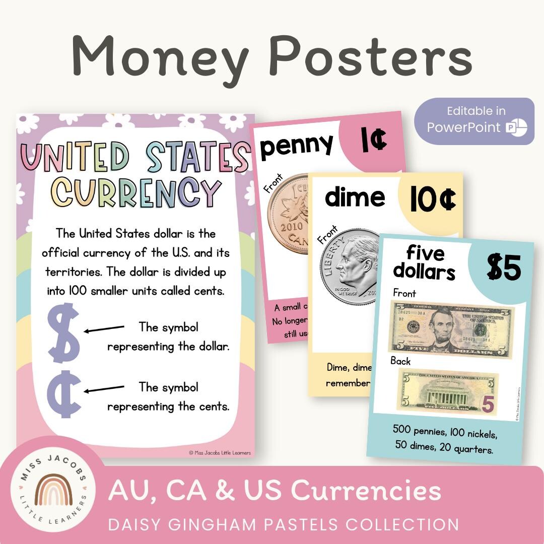 Money Posters Daisy Gingham Pastel, Printable Coin & Dollar Bill Anchor ...