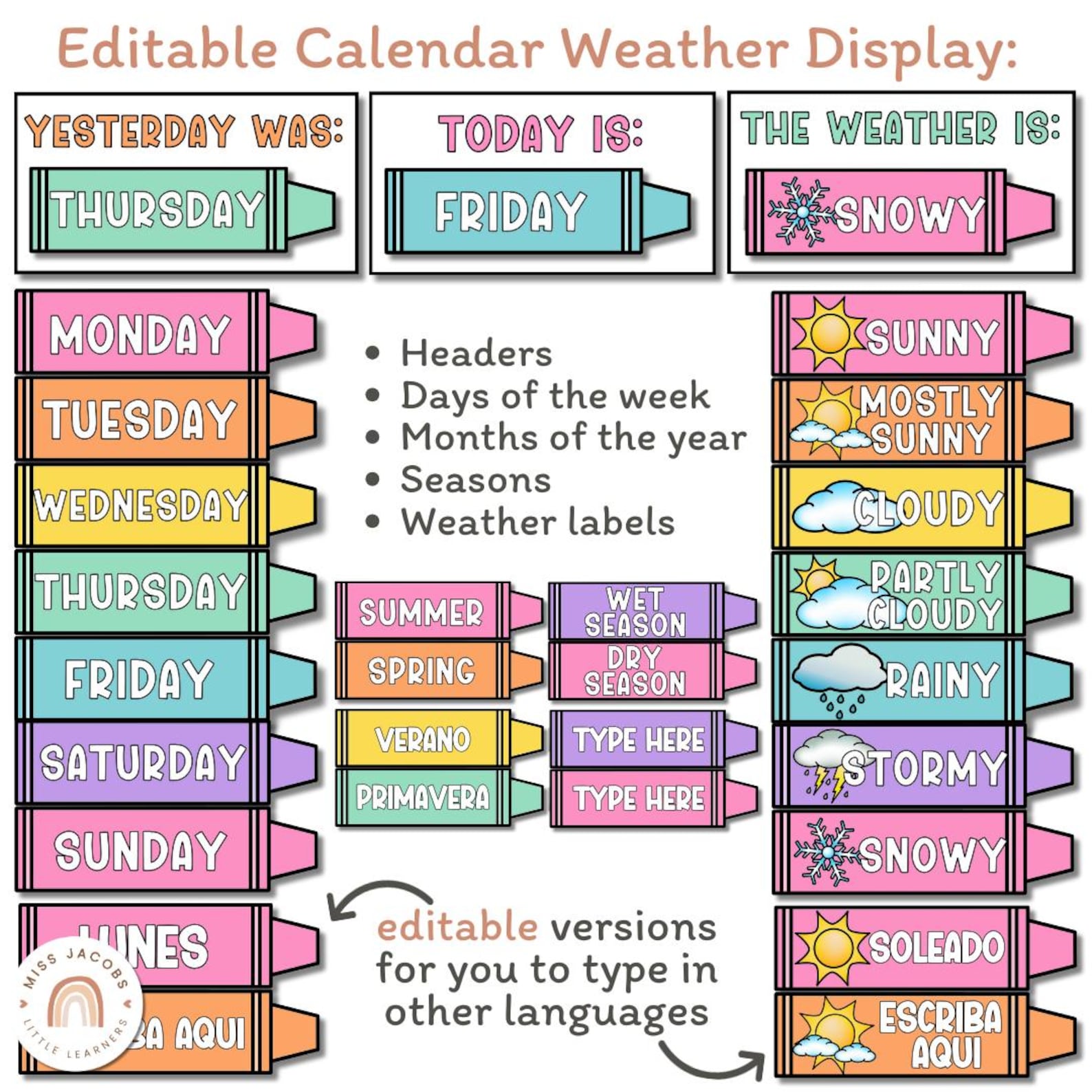 Cutesy Calendar and Weather Classroom Display, Printable Teacher Pocket ...