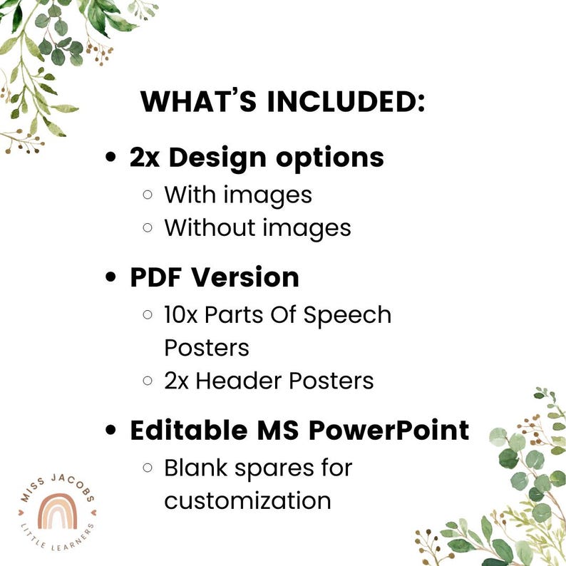 Parts of Speech Posters, Modern Botanical Grammar Anchor Charts ...