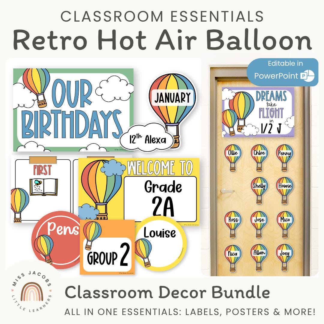 Retro Hot Air Balloon Classroom Essentials Decor Pack, Groovy Printable ...