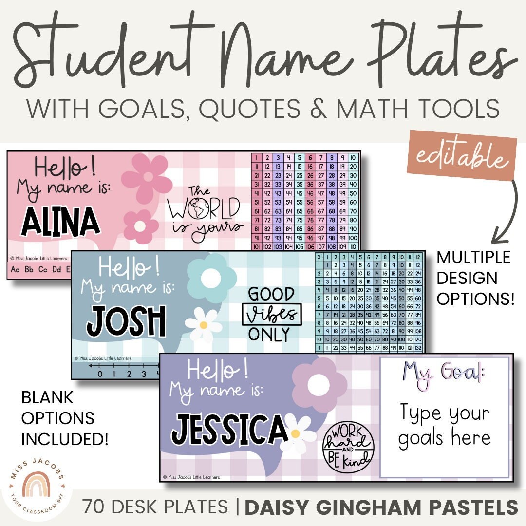 Student Name Tags & Goals Desk Plates Daisy Gingham Pastels Classroom ...