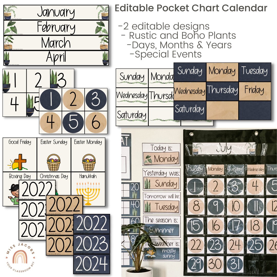 Editable Classroom Calendar Boho Plants / Rustic Pocket - Etsy