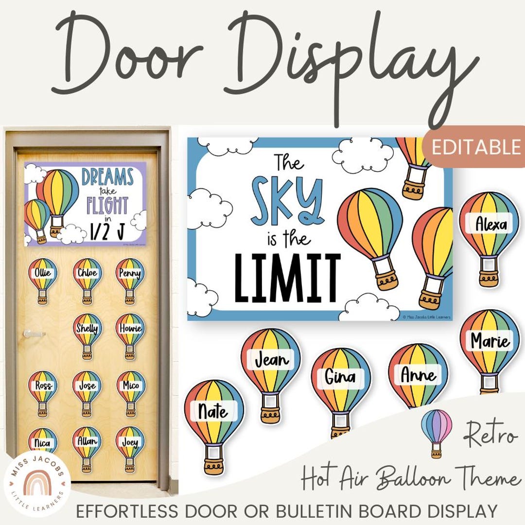 Retro Door Display, Printable Hot Air Balloon Welcome Door Sign + Name ...