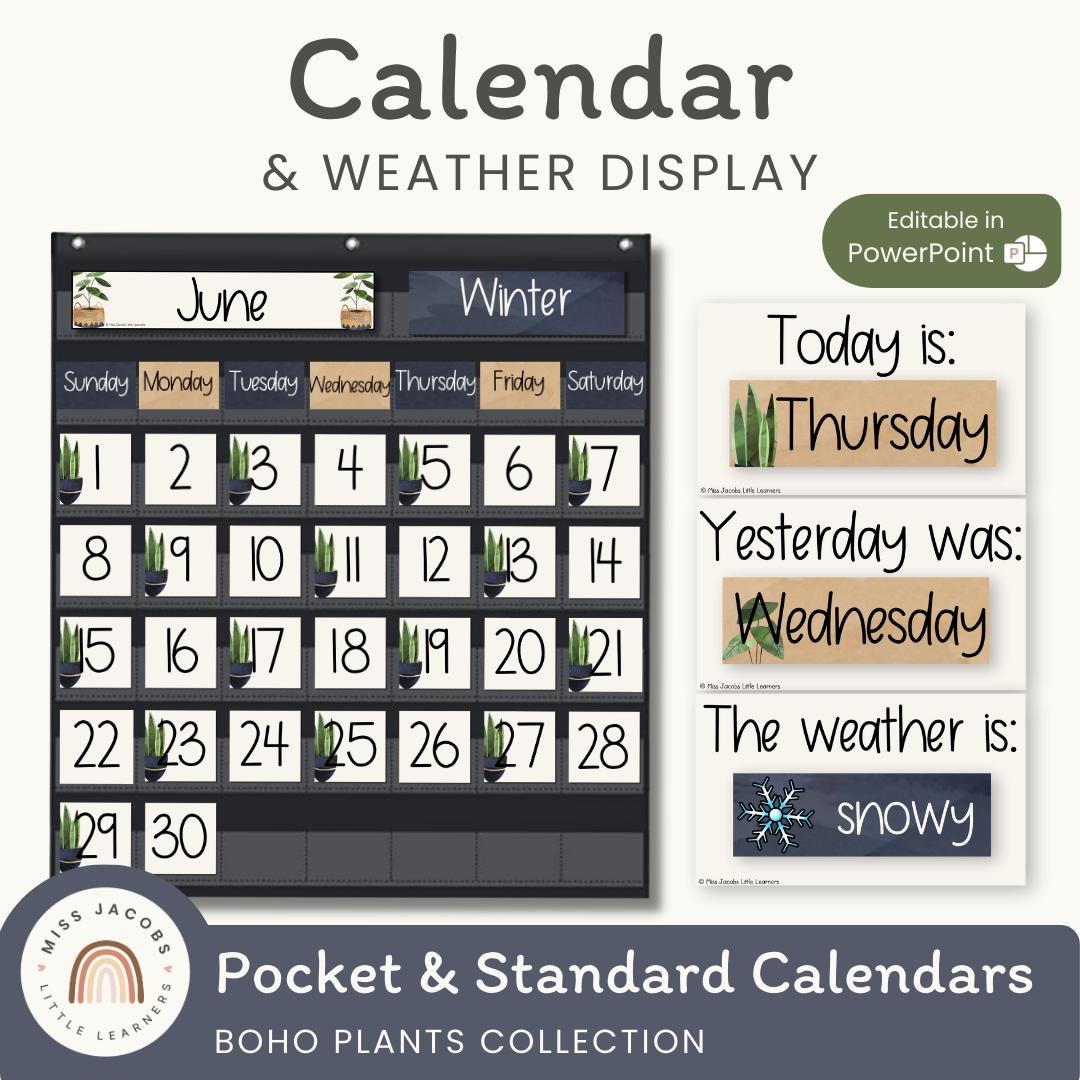 Editable Classroom Calendar | Boho Plants / Rustic Pocket Chart ...