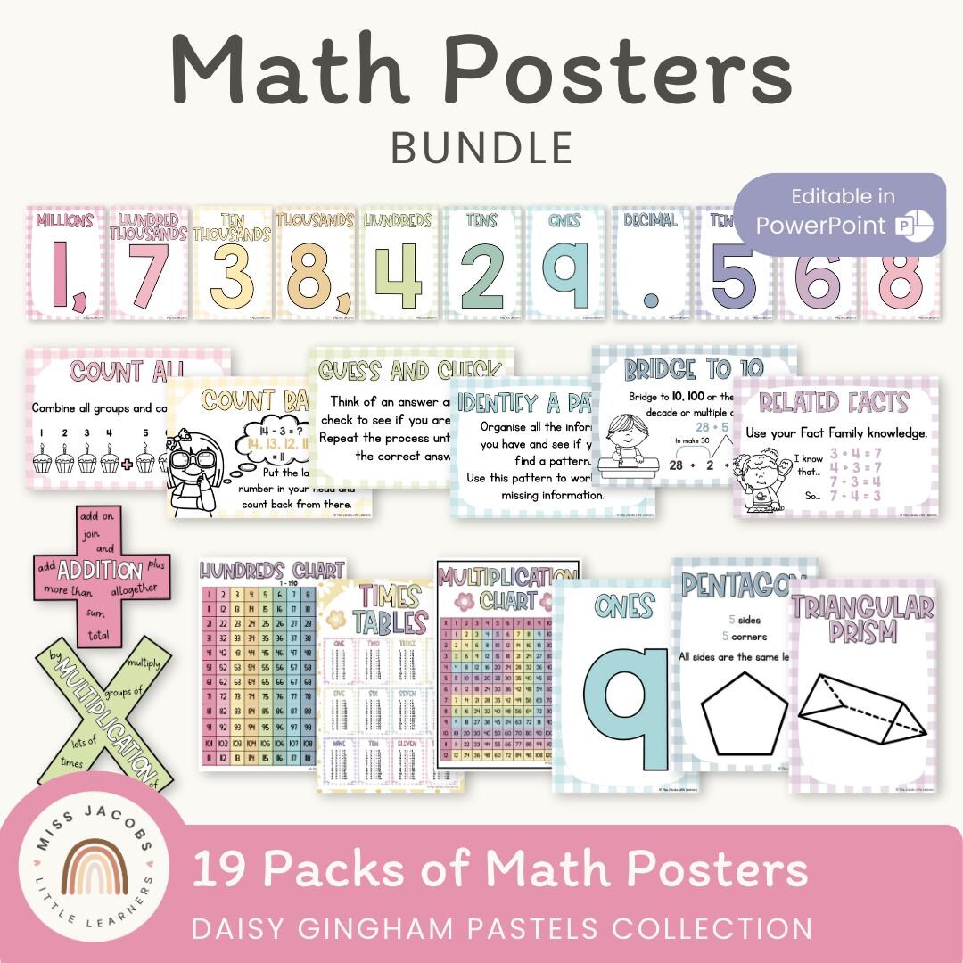 Math Posters Bundle | Daisy Gingham Pastels Classroom Decor | Editable ...