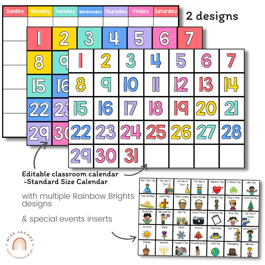 Classroom Calendar | BRIGHTS | Pocket Chart and Standard Size - Etsy