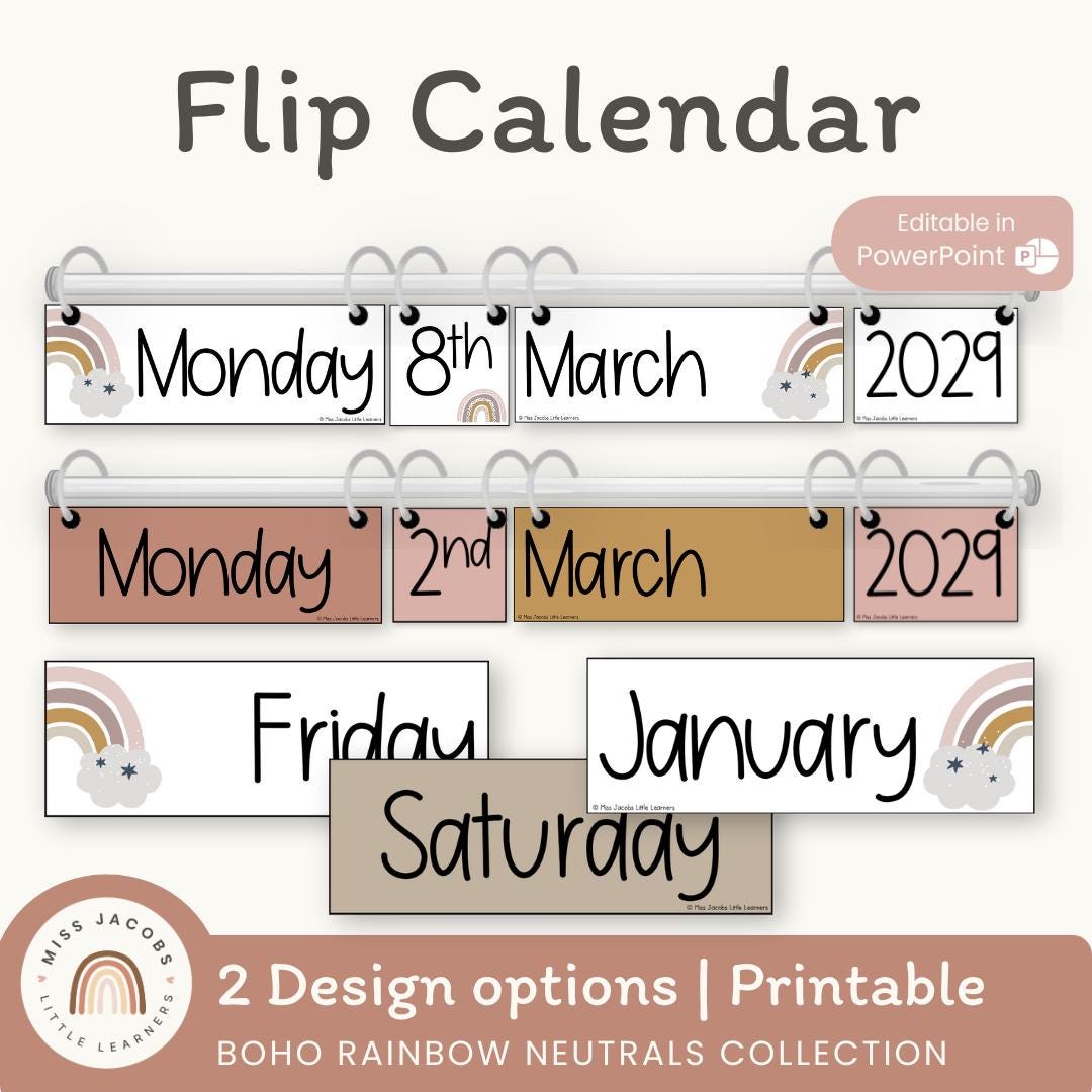 Flip Calendar | Boho Rainbow Neutral Themed Classroom Decor | Editable ...