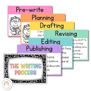 Cutesy Writing Process Posters, Printable ELA Anchor Charts, Colorful 5 ...