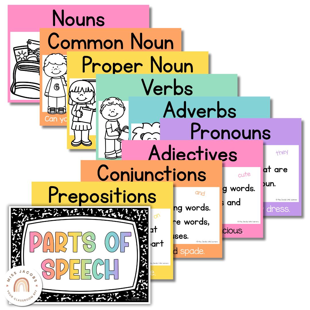 Cutesy Parts of Speech Posters, Colorful Grammar Anchor Charts ...
