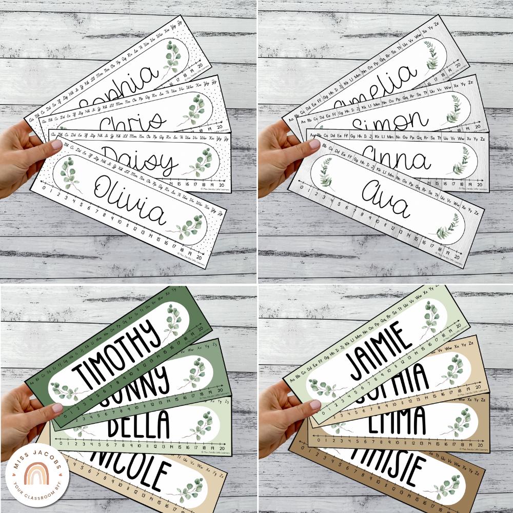 Editable Desk Name Tags With Alphabet & Number Line, Modern Botanical ...