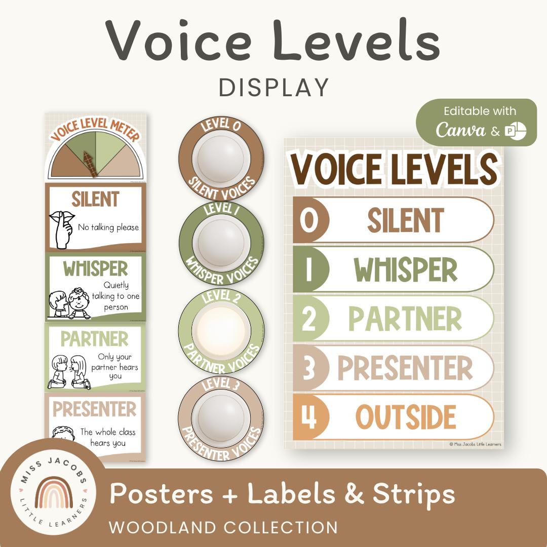 Woodland Voice Levels Chart, Printable Noise Level Meter Classroom ...