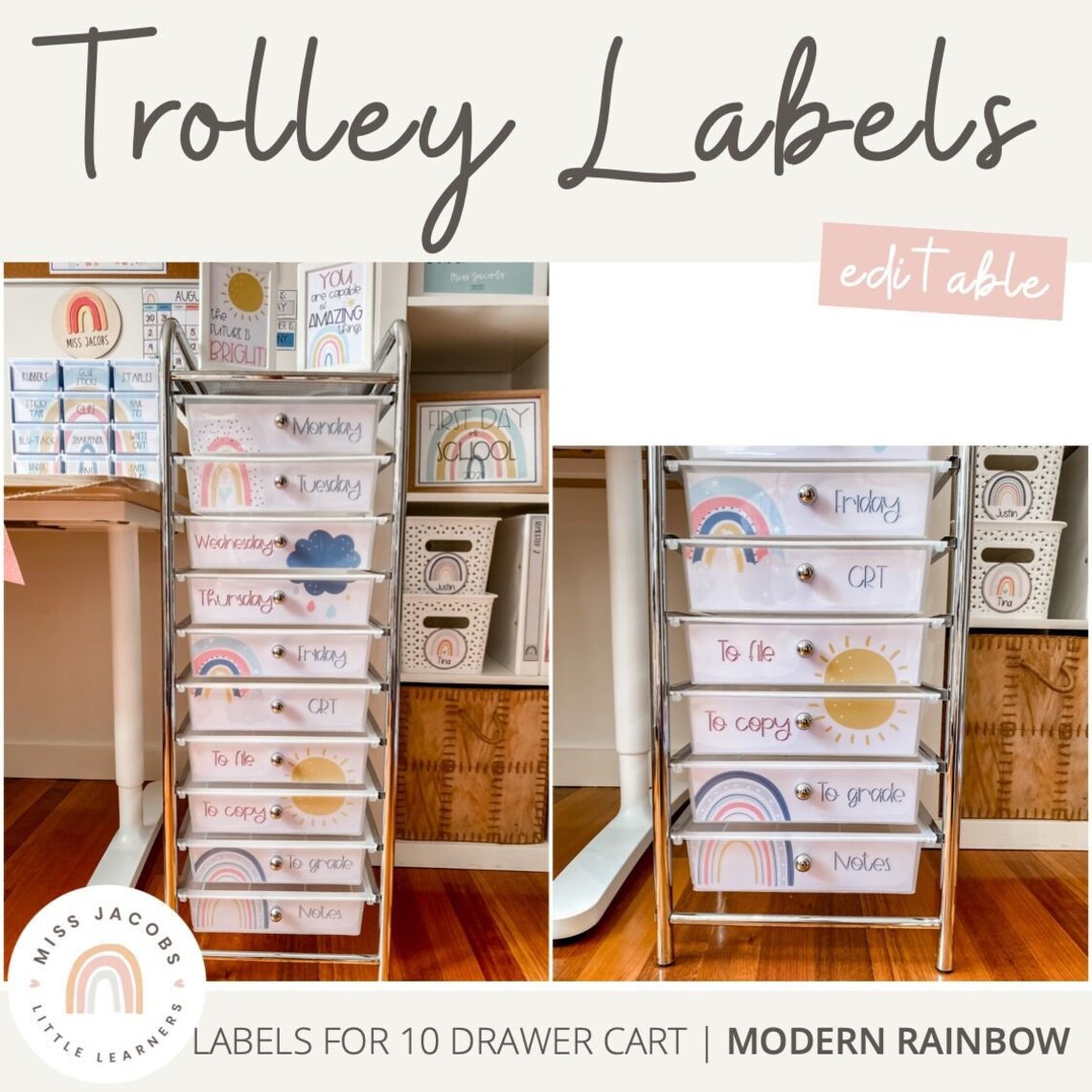 MODERN RAINBOW Teacher Trolley Labels Editable Calm Colors - Etsy