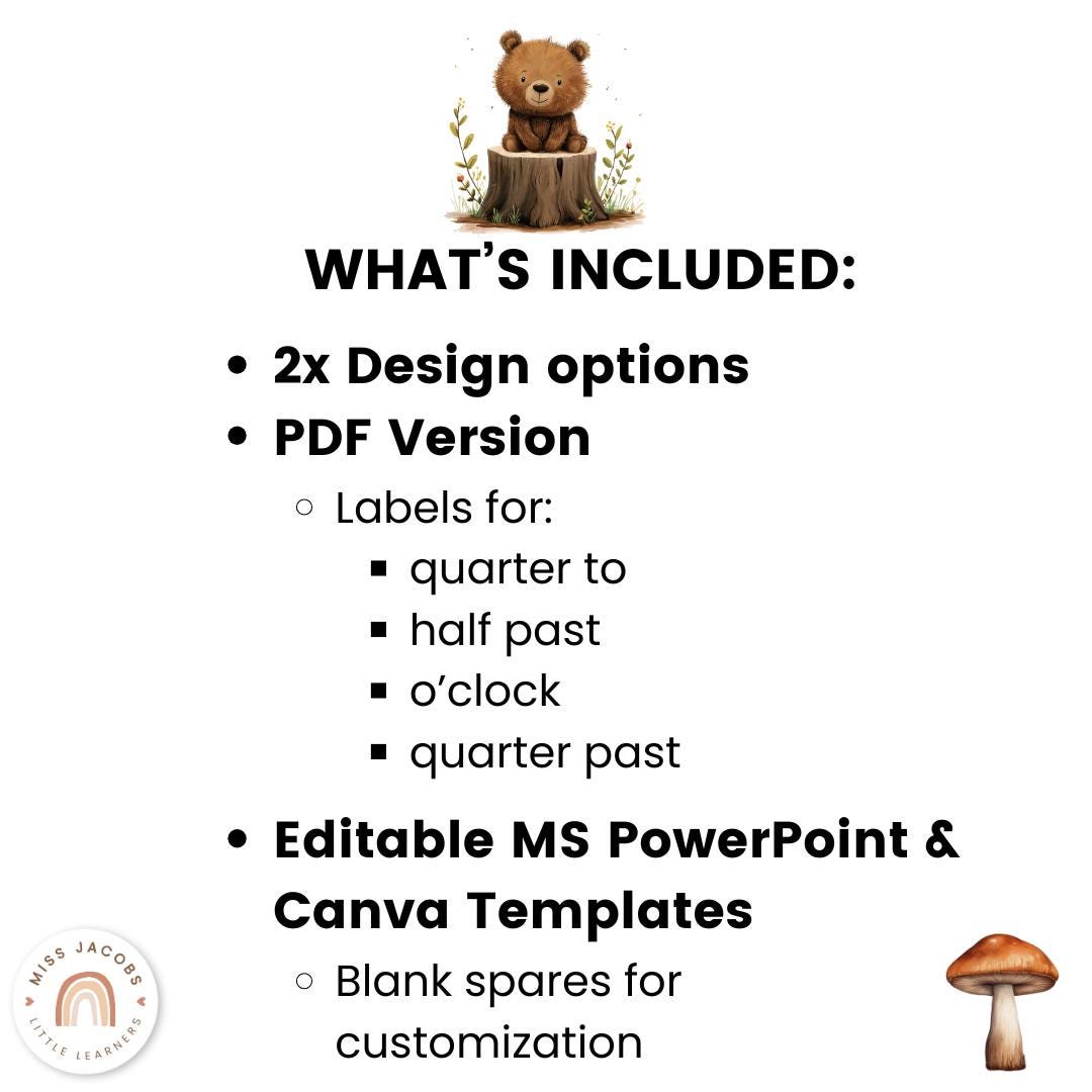 Woodland Clock Labels, Printable Minute Numbers Learning Time, Editable ...