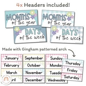 Days and Months Flashcards Daisy Gingham Pastels Classroom Decor ...