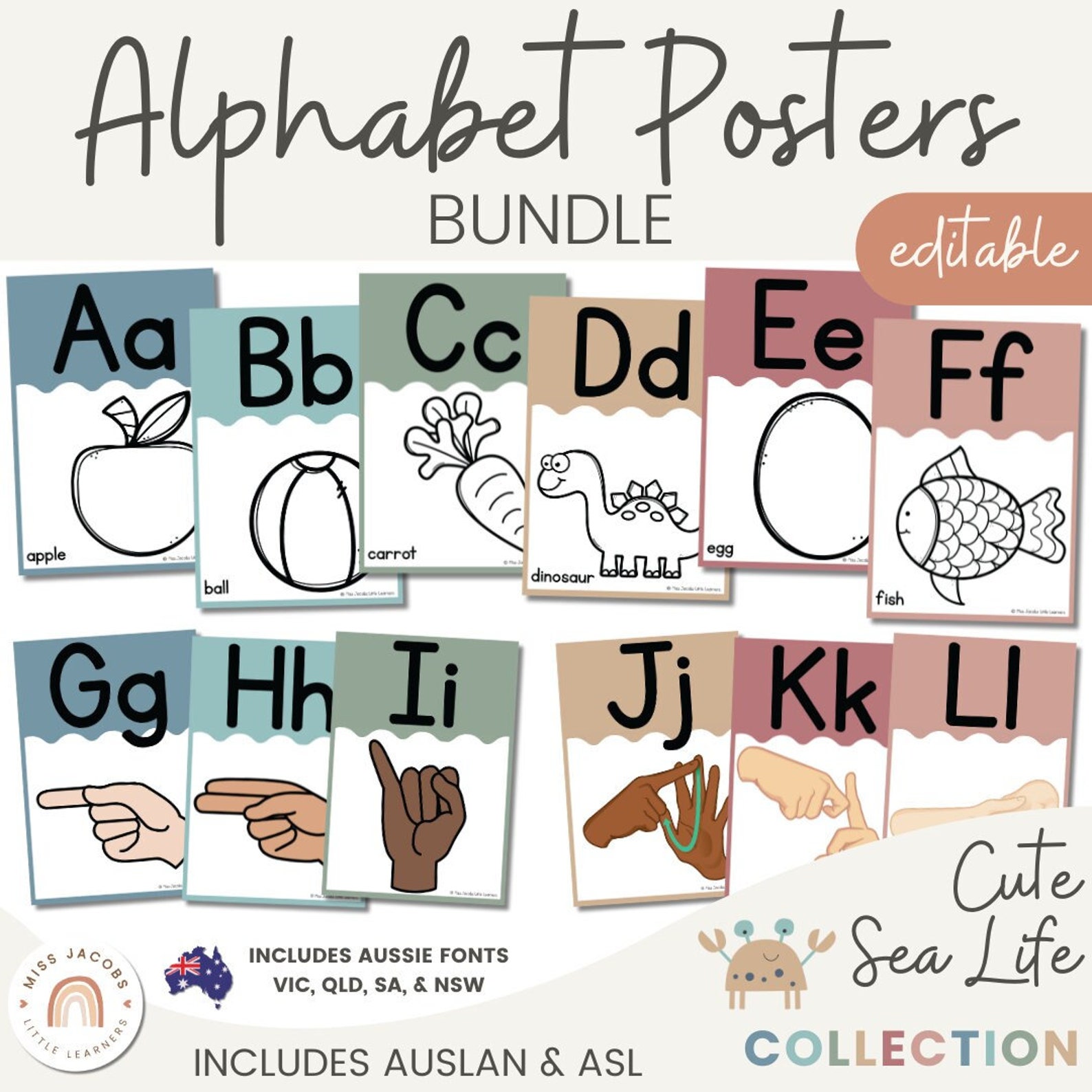 Alphabet Posters Bundle: Cute Sea Life English, Auslan, ASL Classroom ...