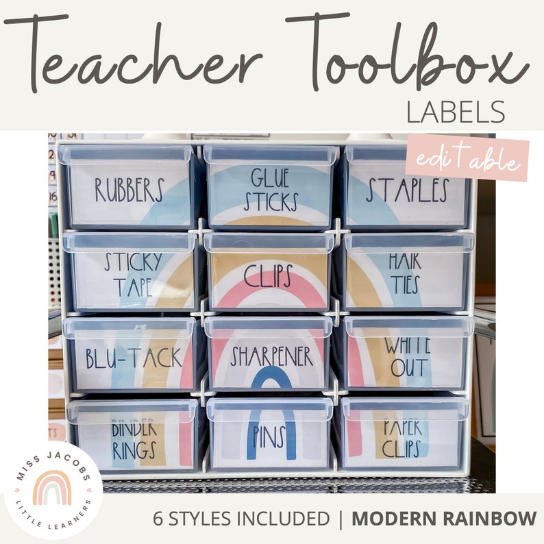 MODERN RAINBOW Teacher Toolbox Labels Editable Calm Colors | Etsy