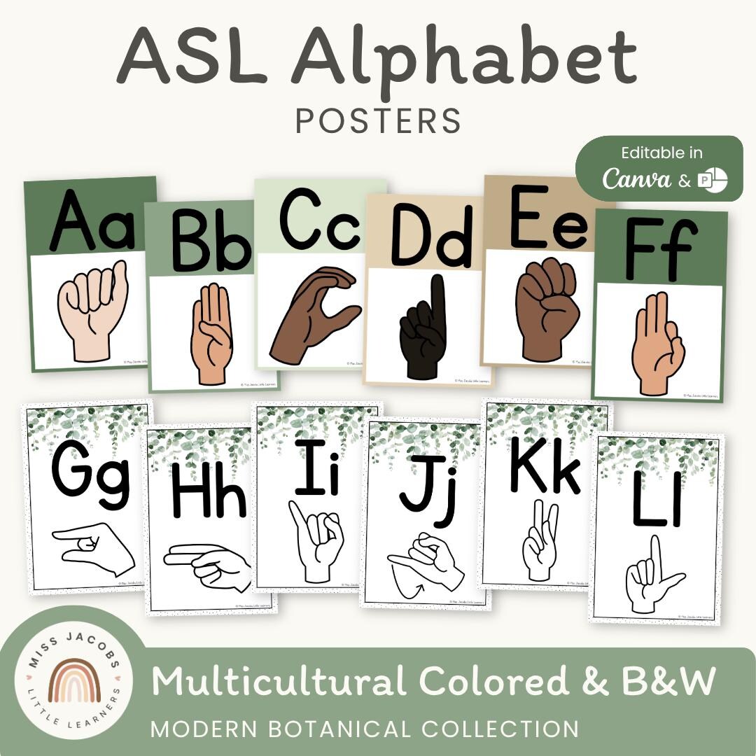 Alphabet Posters With ASL + Auslan Alphabet Bundle, Modern Botanical ...