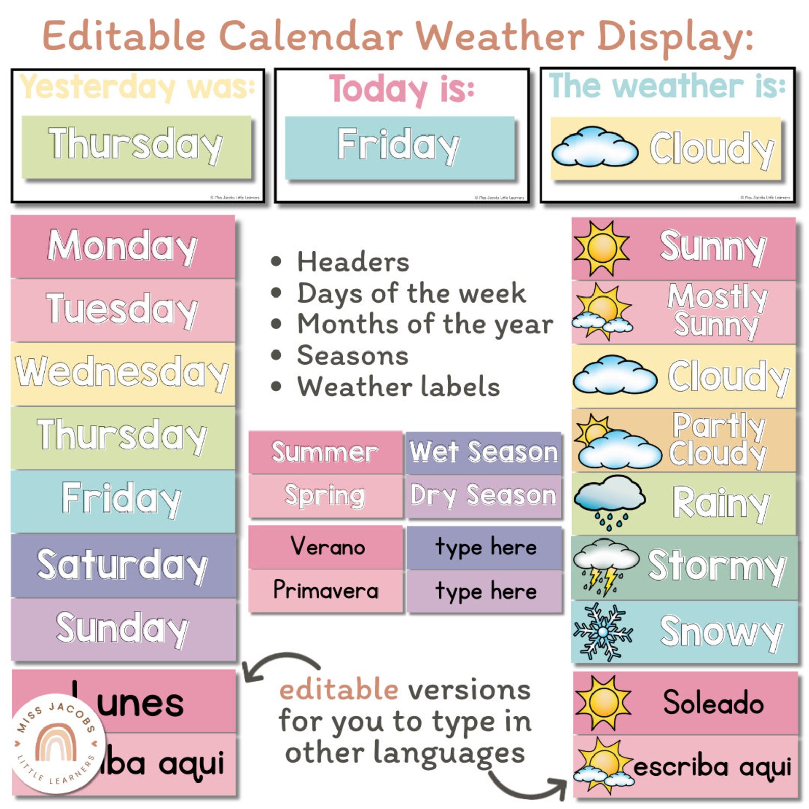 Classroom Calendar and Weather Display | PASTELS | Editable - Etsy