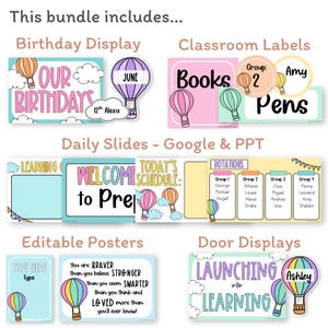 Pastel Hot Air Balloon Classroom Decor Bundle, Editable Calm Theme ...