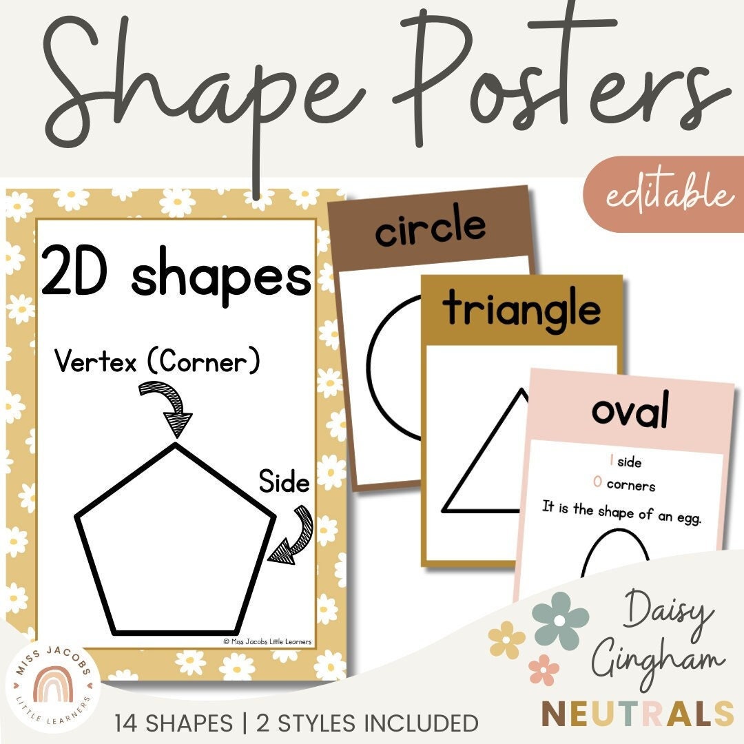 2D Shape Posters, Daisy Gingham Neutrals Theme, Printable 2D Shapes ...