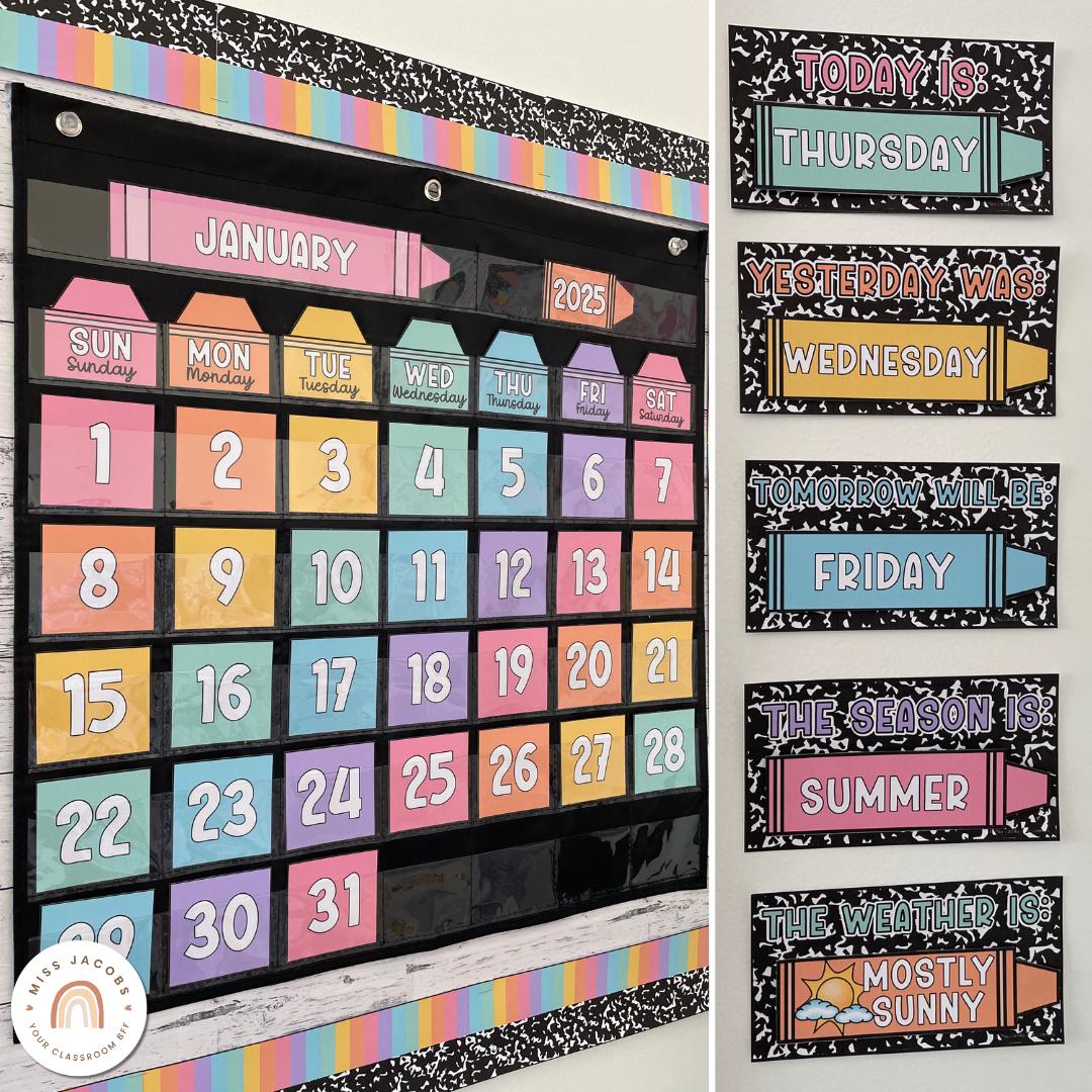 Cutesy Calendar and Weather Classroom Display, Printable Teacher Pocket ...