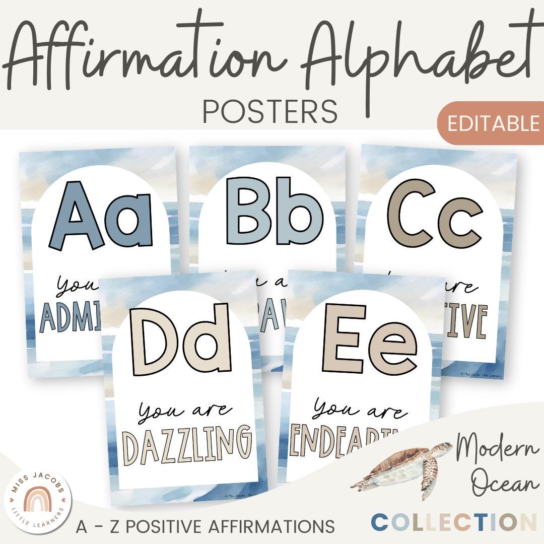 Modern Ocean Affirmation Alphabet Posters, Ocean-theme Prek Elementary ...