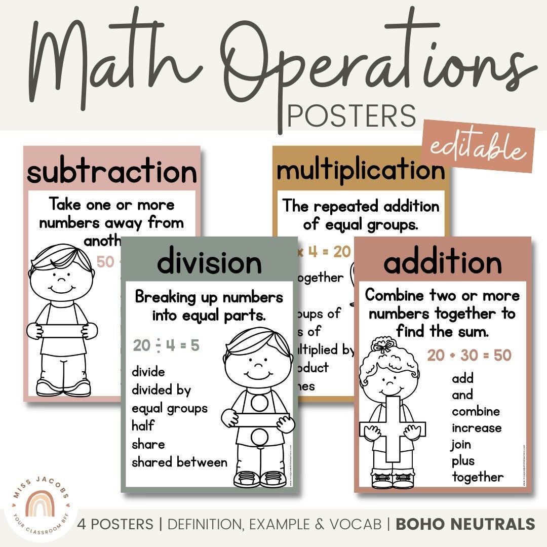 NEUTRAL Math Operation Posters | Boho Neutral Color Palette | Neutral ...