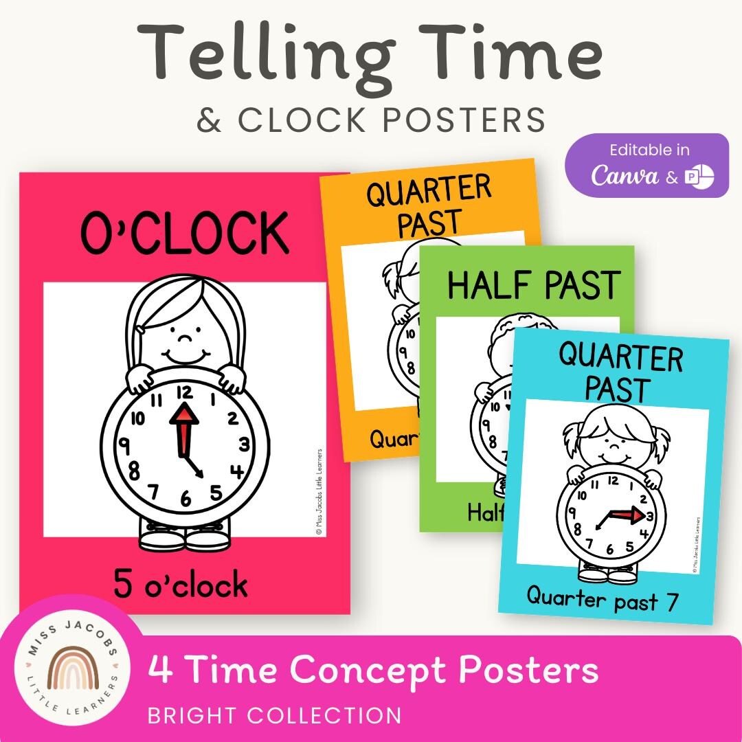 Telling Time and Analog Clock Posters: Neon Bright Classroom Display ...