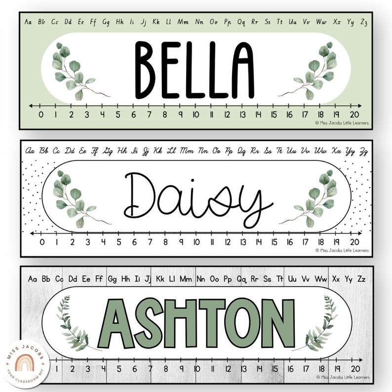 Editable Desk Name Tags With Alphabet & Number Line, Modern Botanical ...