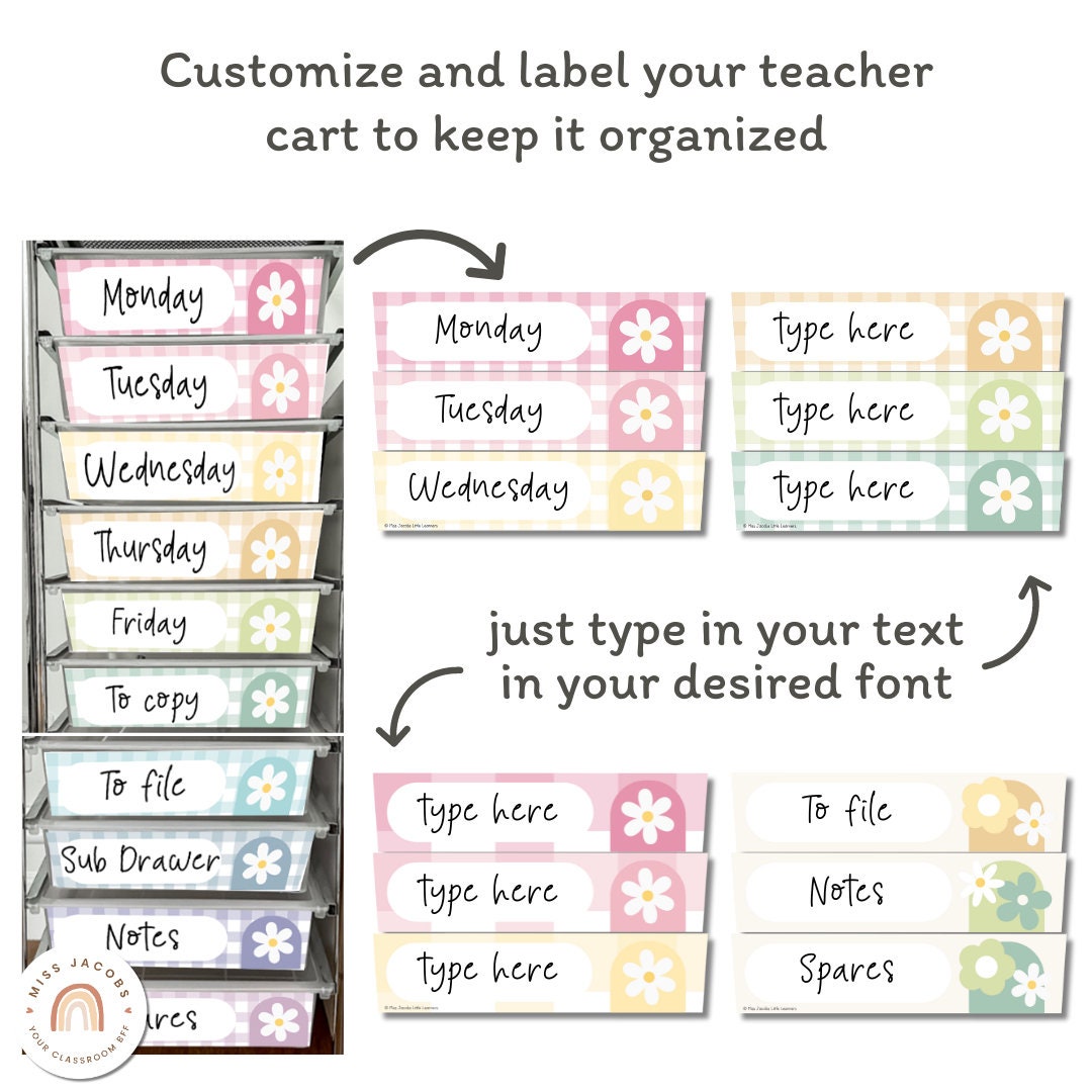 Teacher Trolley Labels | 10 Drawer Cart Labels in Daisy Gingham ...