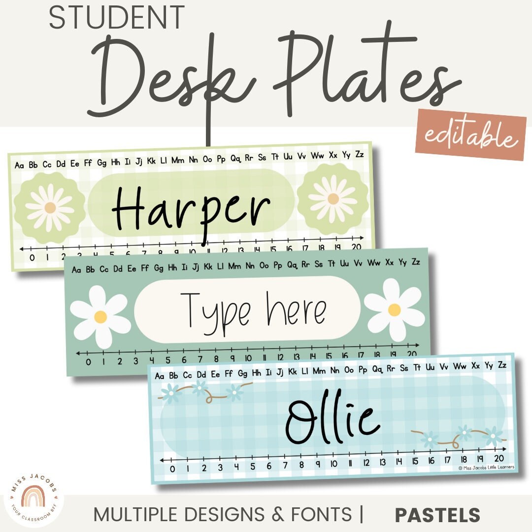 Student Desk Plates & Supply Labels Daisy Gingham Pastels Classroom ...