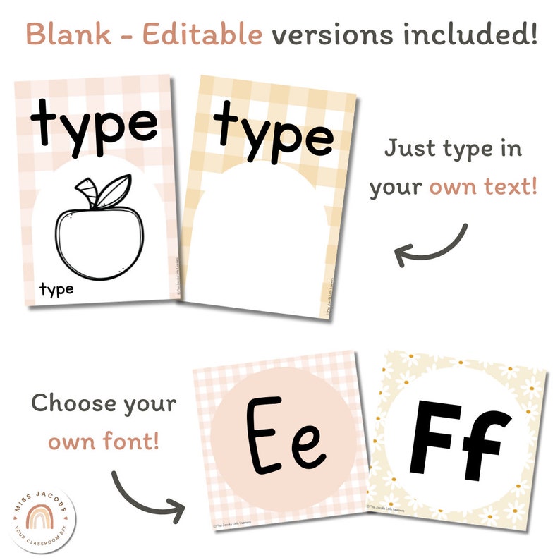Alphabet Posters | Daisy Gingham Neutrals Classroom Decor | Editable - Etsy