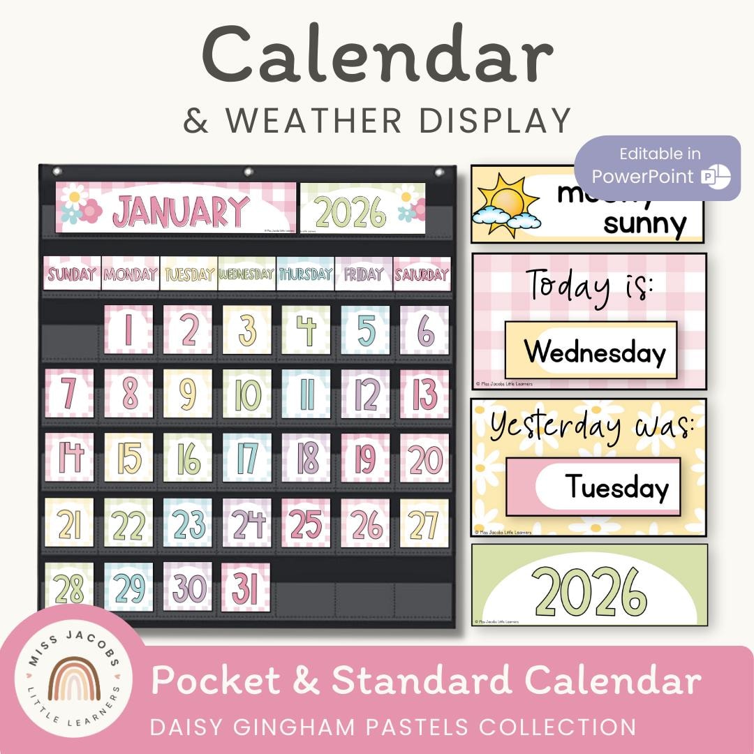 Classroom Calendar & Weather Pocket Chart Display | Daisy Gingham ...