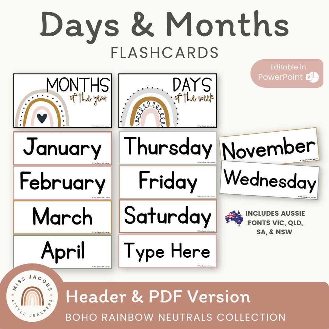 Days and Months Flashcards | BOHO RAINBOW Classroom Decor - Etsy Australia
