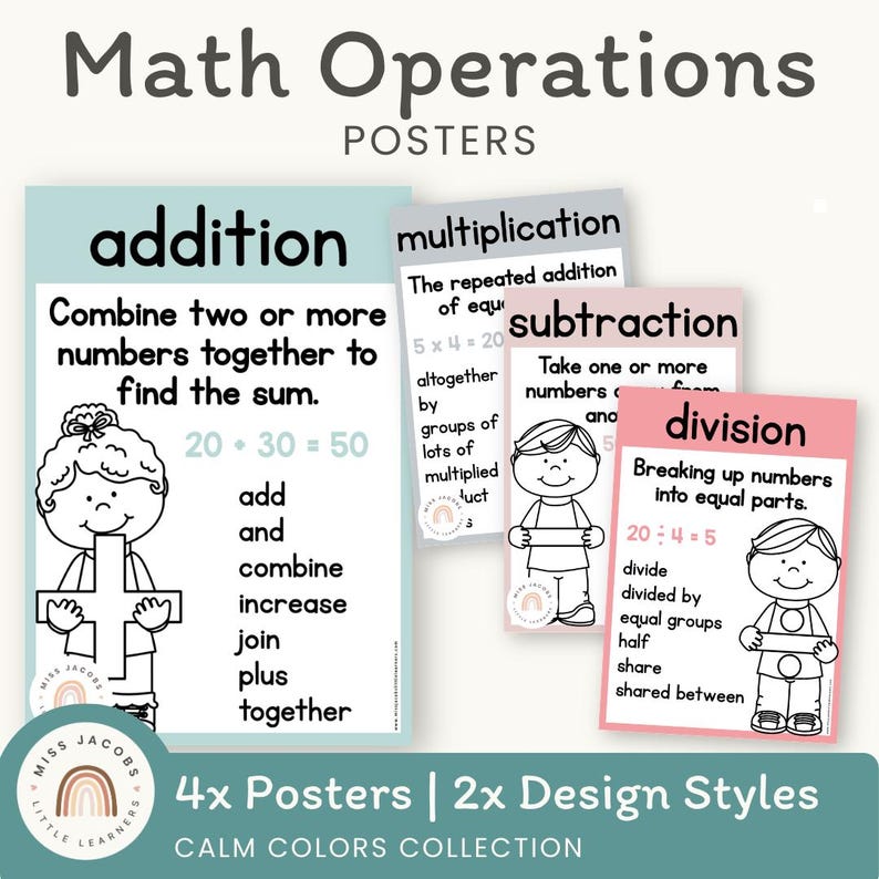 CALM COLORS Math Operation Posters | Math Posters | Modern Rainbow ...