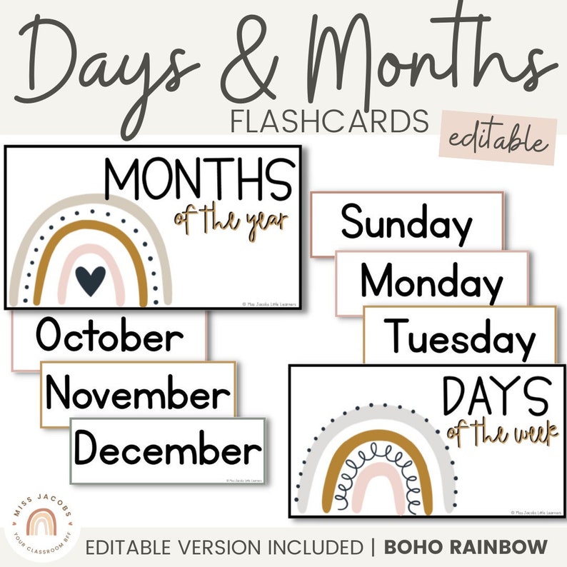 Days and Months Flashcards BOHO RAINBOW Classroom Decor - Etsy