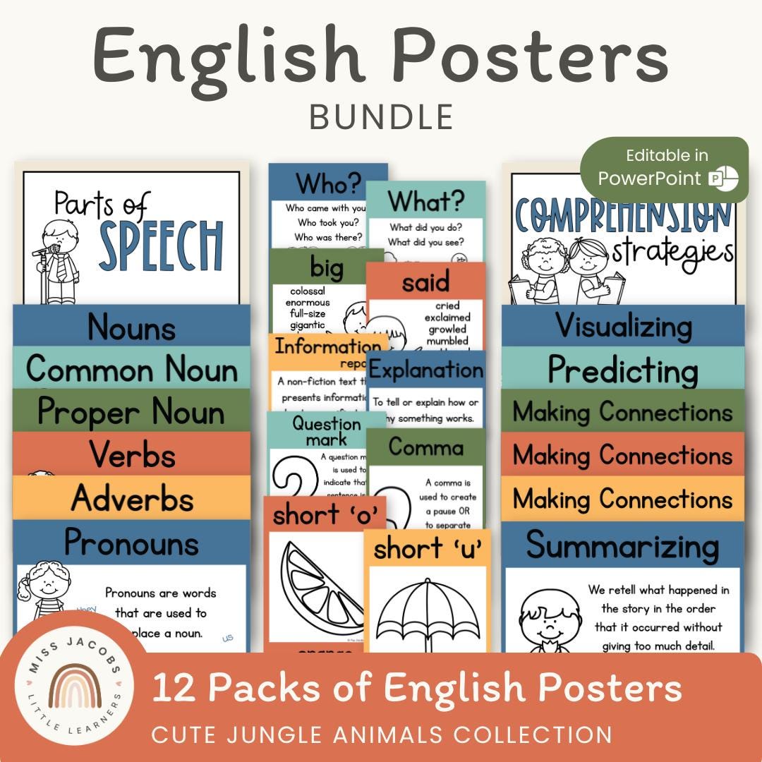 12 Packs English Posters Bundle, Grammar Posters Literacy Wall Bulletin ...