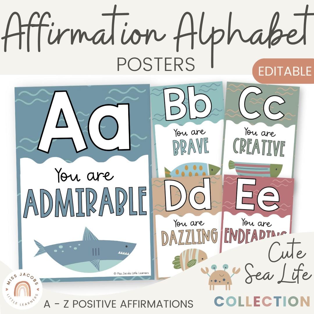 Cute Sea Affirmation Alphabet Posters, Under the Water Animals Kids ...