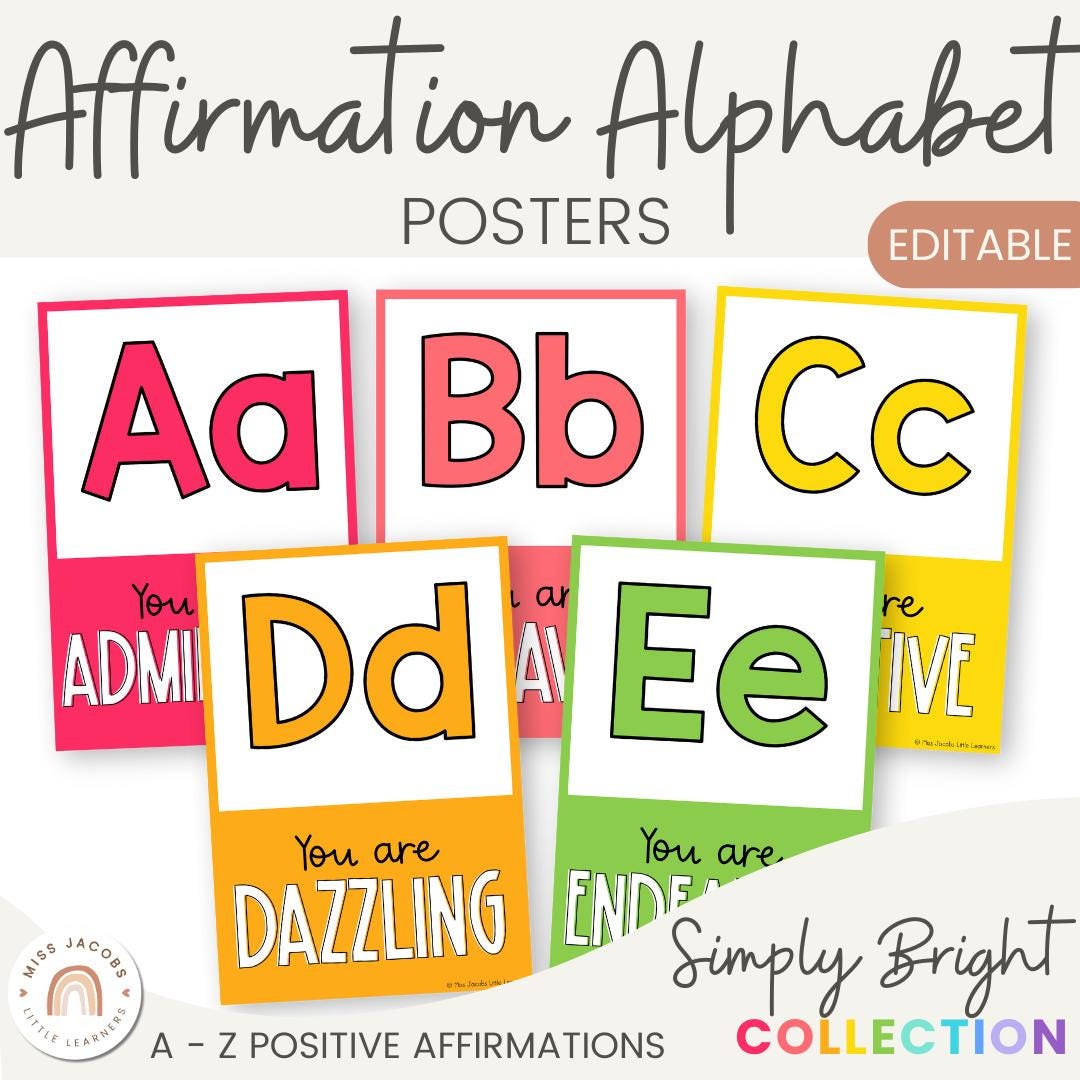 Bright Affirmation Alphabet Posters, Editable Affirmation ABC Poster ...