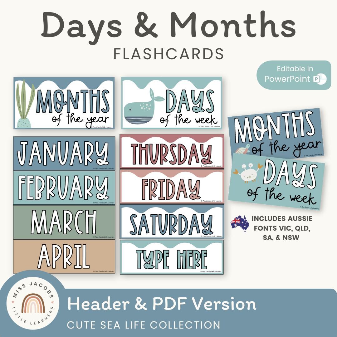 Days and Months Flashcards | Cute Sea Life Classroom Decor | Editable ...
