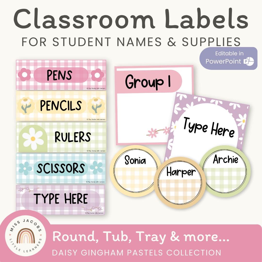 Classroom Supply Labels & Student Name Tags Bundle | Daisy Gingham ...
